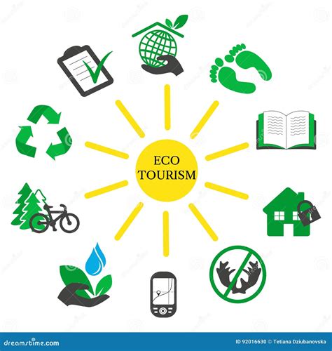 Ecotourism Concept Eco Symbols Located In A Circle Around The Sun Vector Illustration