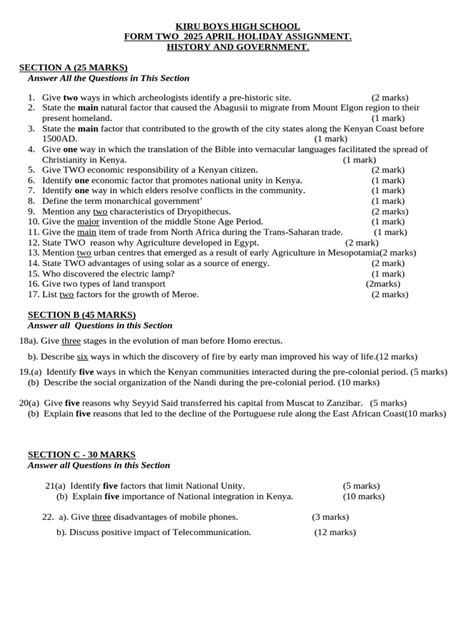 Form 2 History April 2025 Holiday Assignment Pdf Kenya