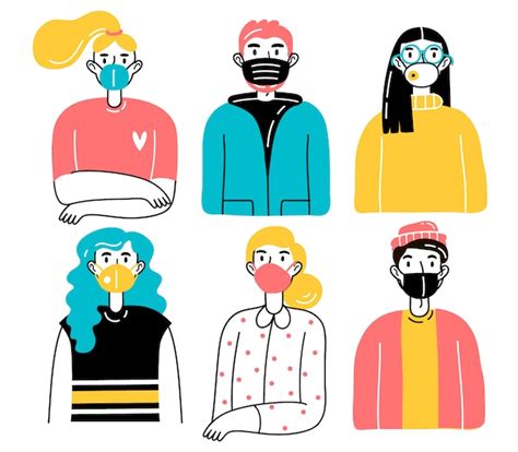 Personas Con Mascarillas Médicas Protectoras Ilustración De Hombres Y