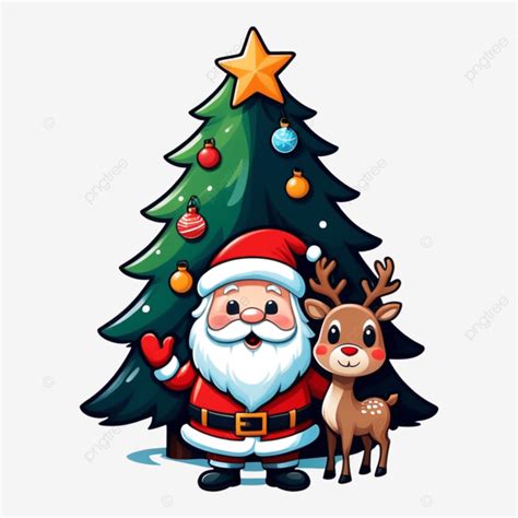 Cute Christmas Tree Santa Claus And Reindeer Illustration Vector Logo