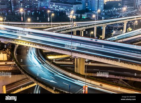 Aerial View Of Shanghai Viaduct Night Severe Traffic Congestion Stock