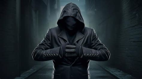 Mysterious Unknown Person In The Hood Danger In Darkness Anonymous Or Criminal Concept Premium