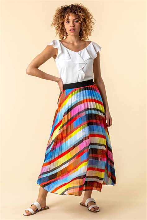 Rainbow Striped Pleated Maxi Skirt In Multi Roman Originals Uk