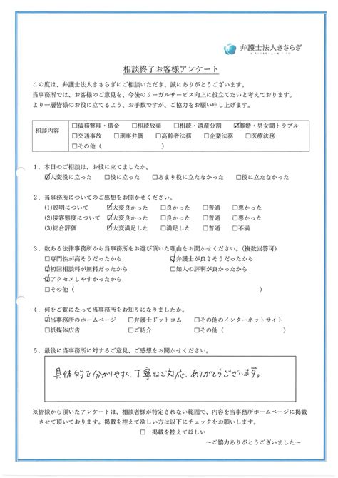 具体的で分かりやすく丁寧なご対応ありがとうございます お客様の声 新百合ヶ丘で弁護士への相談は弁護士法人きさらぎへ初回相談無料