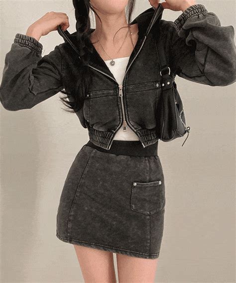 세트가격 빈블 더티 워싱 투웨이 데님 후드집업 미니 스커트 투피스 세트 에이블리