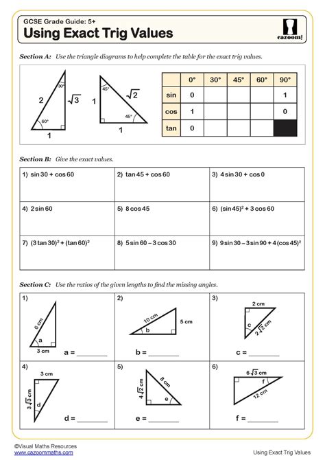 Using Exact Trig Values Worksheet Cazoom Maths Worksheets