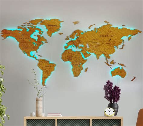 Wooden World Map With Led Backlight Etsy