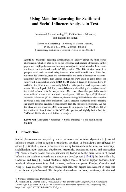 Pdf Using Machine Learning For Sentiment And Social Influence