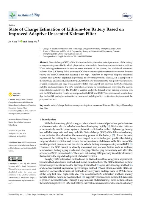 Pdf State Of Charge Estimation Of Lithium Ion Battery Based On Improved Adaptive Unscented