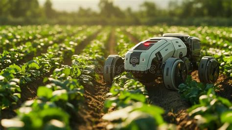 A Modern Agricultural Robot Moving Through A Field With Young Crops