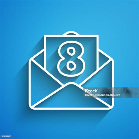 파란색 배경에 격리 된 3 월 8 일 아이콘이있는 흰색 선 봉투입니다 메시지 사랑 편지 사랑과 로맨스 국제 해피 우먼의 날 긴 그림자 벡터 일러스트레이션 2월에 대한 스톡