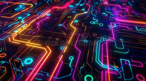 Abstract Neon Circuit Board With Colorful Glowing Lines And Shapes Stock Image Image Of Board