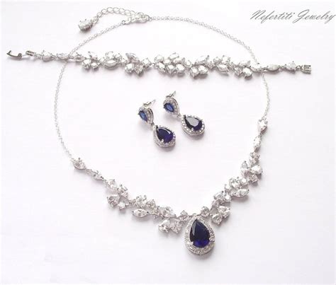 Saphire Bridal Necklace Set Blue Crystal Wedding Necklace Etsy