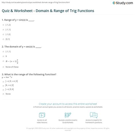 Quiz Worksheet Domain Range Of Trig Functions Study