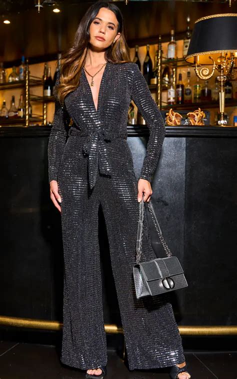 Black Sequin Long Sleeve Wide Leg Jumpsuit Silkfred Us