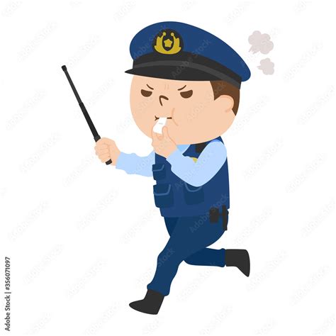 警棒と笛を持って走っている、怒ってる男性警察官のイラスト。 Stock Vektor Adobe Stock