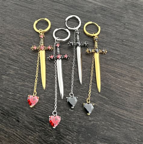 Sword Hoops Dagger Hoop Earrings Sword With Heart Earrings Hoop