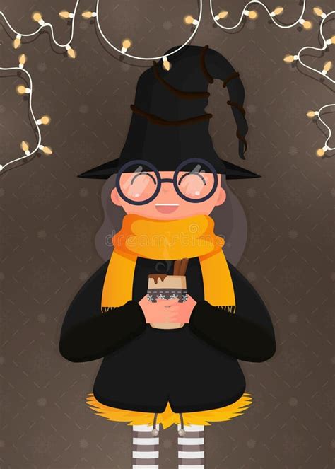 Cute Witch With Mulled Wine Girl In Black Suit And Hat Holding A Cup