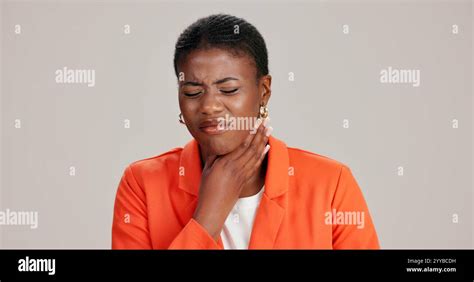 Virus Sick And Black Woman With Pain Sore Throat And Swallow