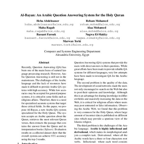 Al Bayan An Arabic Question Answering System For The Holy Quran Acl Anthology