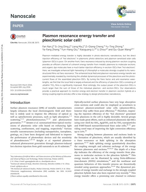 Pdf Plasmon Resonance Energy Transfer And Plexcitonic Solar Cell