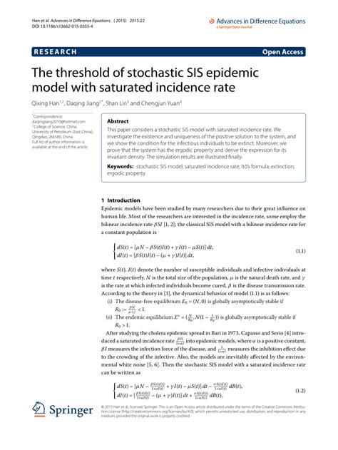 Pdf The Threshold Of Stochastic Sis Epidemic Model With Saturated