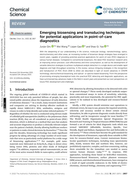 Pdf Emerging Biosensing And Transducing Techniques For Potential Applications In Point Of Care