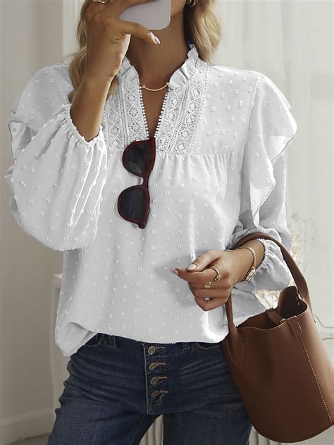 Shein Vcay Swiss Dot Ruffle Trim Lantern Sleeve Blouse Shein Uk