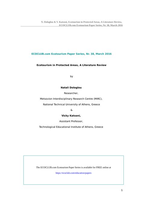 Pdf Ecotourism In Protected Areas A Literature Review