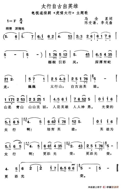 太行自古出英雄电视连续剧虎啸太行主题歌调六线简谱 虫虫吉他谱免费下载
