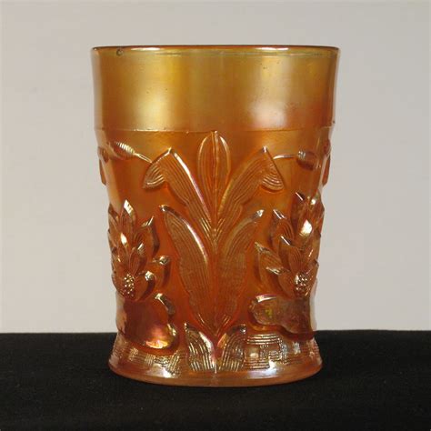 Antique Fenton Marigold Waterlily And Cattail Carnival Glass Tumbler