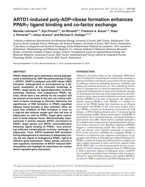 Pdf Artd1 Induced Poly Adp Ribose Formation Enhances Ppar Ligand