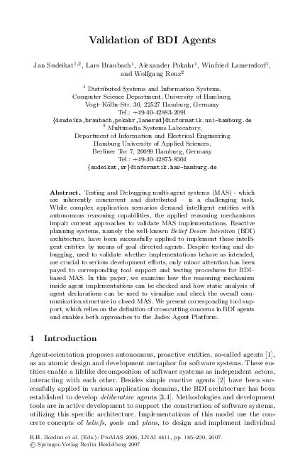 Pdf Validation Of Bdi Agents Winfried H Lamersdorf
