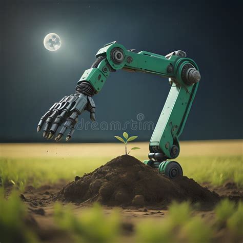 A Robot Arm Planting A Tree In A Green Field Generated By Ai Stock