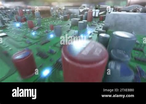Flying Over Modern Circuit Board With Moving Electrons And Jump Inside Cpu Into Digital Virtual