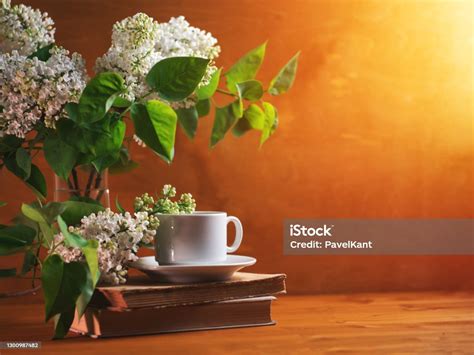 향기로운 차 또는 커피 한 잔 라일락과 오래된 책의 피는 흰색 꽃다발 복사 공간 아침 아침 식사 0명에 대한 스톡 사진 및 기타
