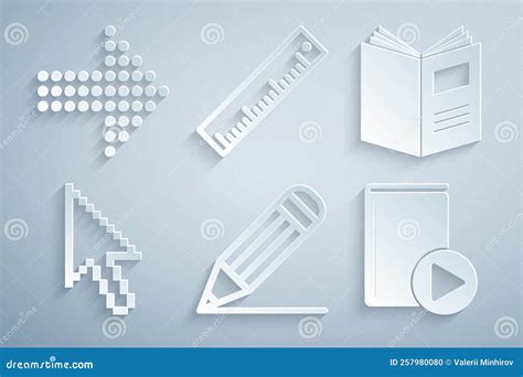 Set Pencil And Line Open Book Pixel Arrow Cursor Audio Ruler And Dots Icon Vector Stock