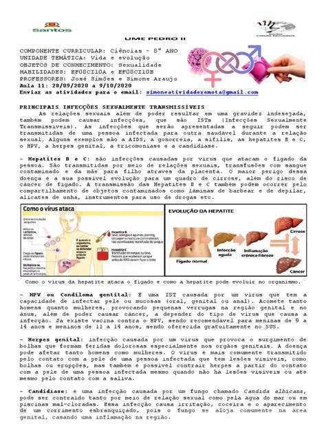 Atividade De Ciências Para O 8° Ano Pdf Infecção Sexualmente