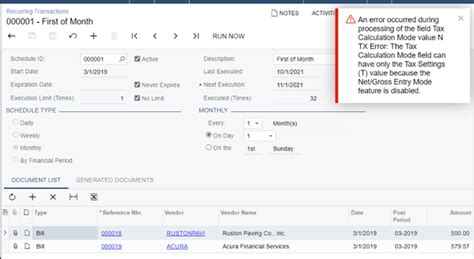 Tax Error In Recurring Transactions • Accounting In Acumatica