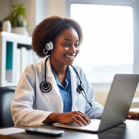 Premium Photo A Woman In A Lab Coat Is Sitting At A Desk With A Laptop And A Stethoscope On