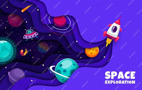 Premium Vector Space Paper Cut Landscape Rocket Ufo Planets