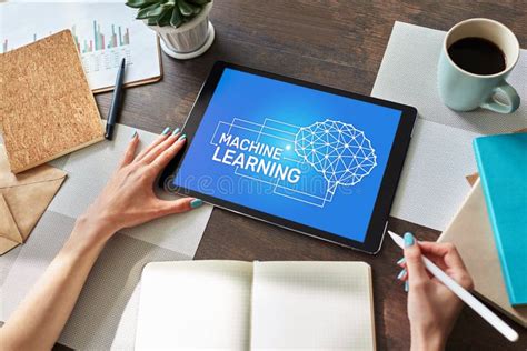 Machine Learning Artificial Intelligence And Smart Technology Concept On Device Screen Stock