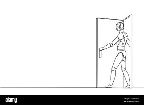 Single One Line Drawing Robot Walking Out Through An Open Door Future