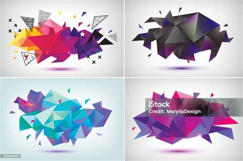 Vektor Set Bentuk 3d Aspek Abstrak Spanduk Geometris Poster Segitiga