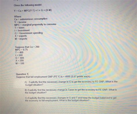 Solved Given The Following Model Y Ca MPC Y T Chegg Com