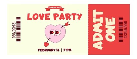 화려한 빈티지 러브 파티 티켓 복고풍 그루비 스타일의 사랑스럽고 귀여운 하트 캐릭터 이벤트 바코드 날짜 및 시간을 자세히 설명합니다 발렌타인 데이 2월 14일 흰색 배경에