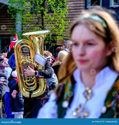 Teenage Girls Marching Band Brass And Wind Section Sandnes Independence Day Editorial Stock
