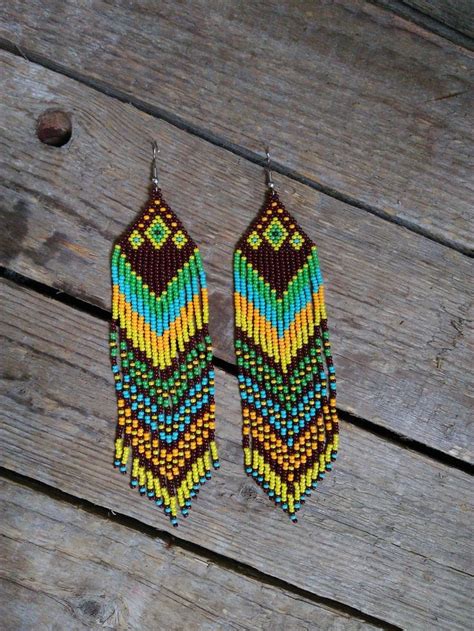 Long Beaded Earrings Brown Green Yellow Earrings Seed Beads Earrings
