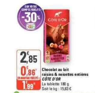 Promo Chocolat Au Lait Raisins Noisettes Entières Côte D or chez G20