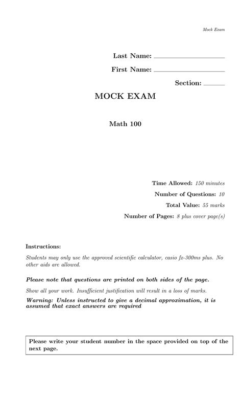 Ma100 Mock Final Solution Mock Exam Last Name First Name Section